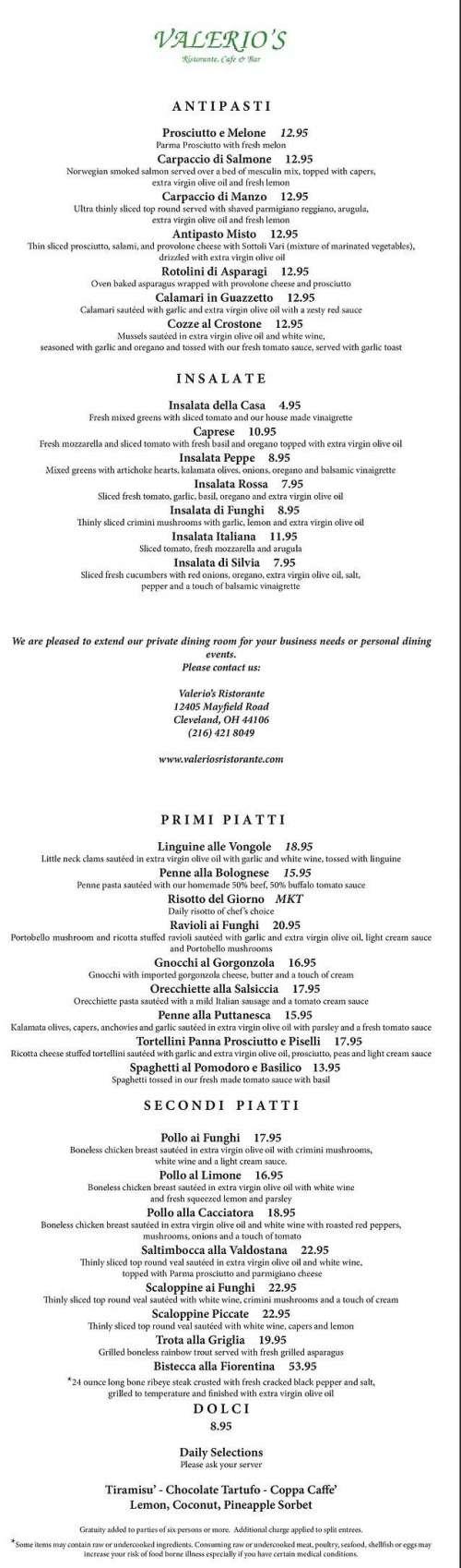 Valerio's menu in Cleveland, Ohio, USA