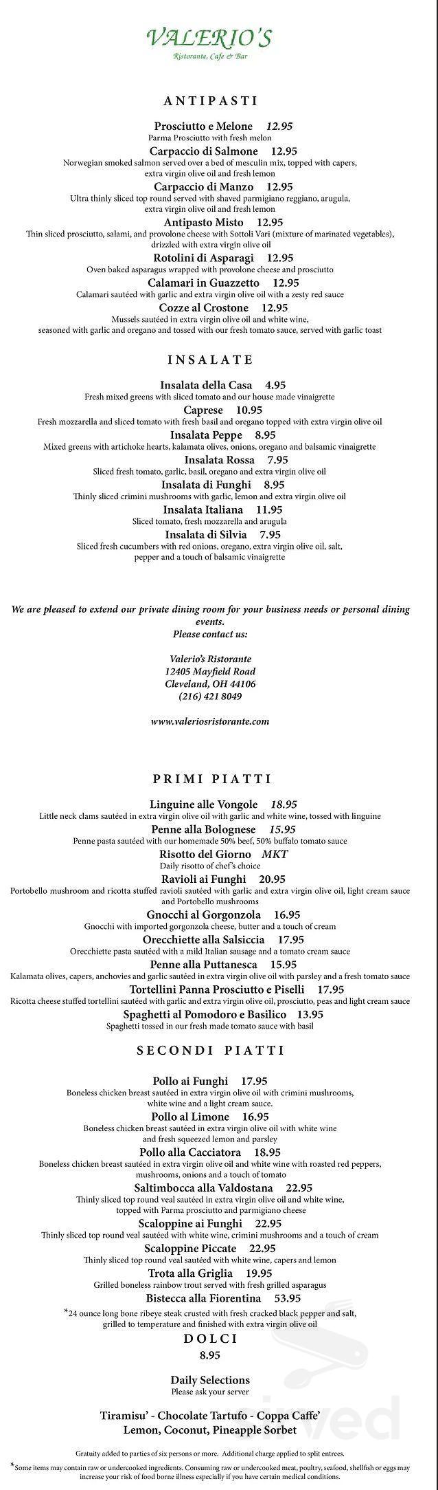 Menu - Cleveland OH's Valerio’s | Sirved