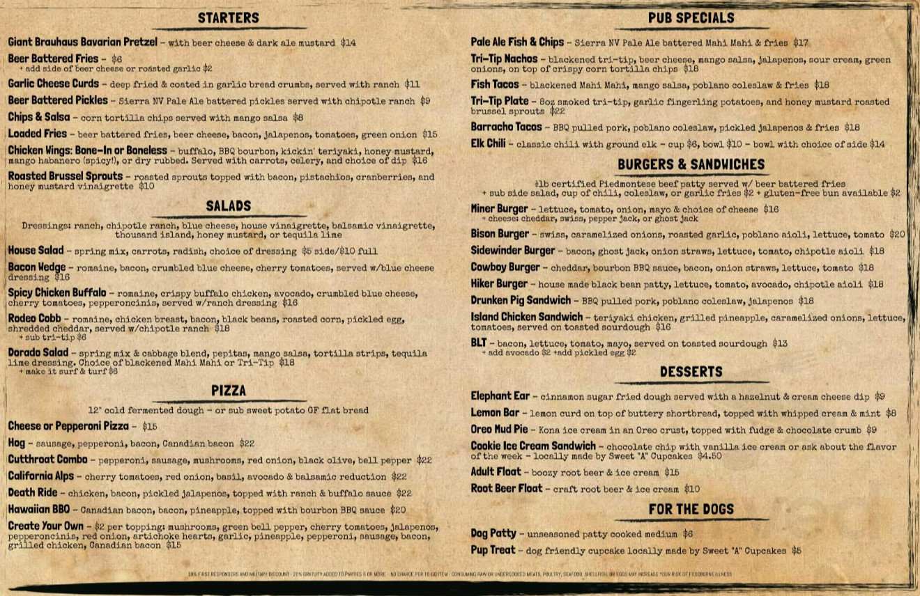 Cutthroat Brewing Company menu in Markleeville, California, USA