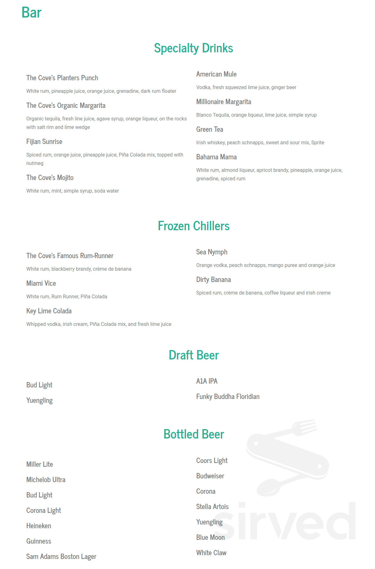 The Cove Waterfront Restaurant and Tiki Bar menu in Deerfield Beach ...