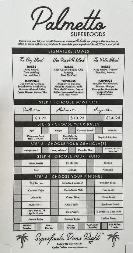 Palmetto Superfoods menu in Burlingame, California, USA