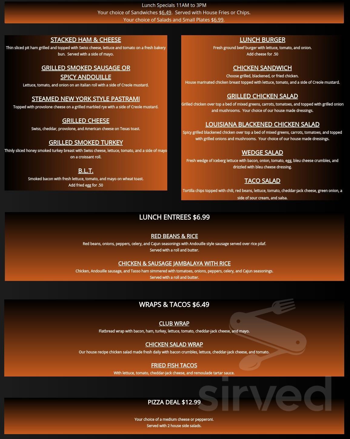 Watt Street Tavern menu in Circleville, Ohio, USA