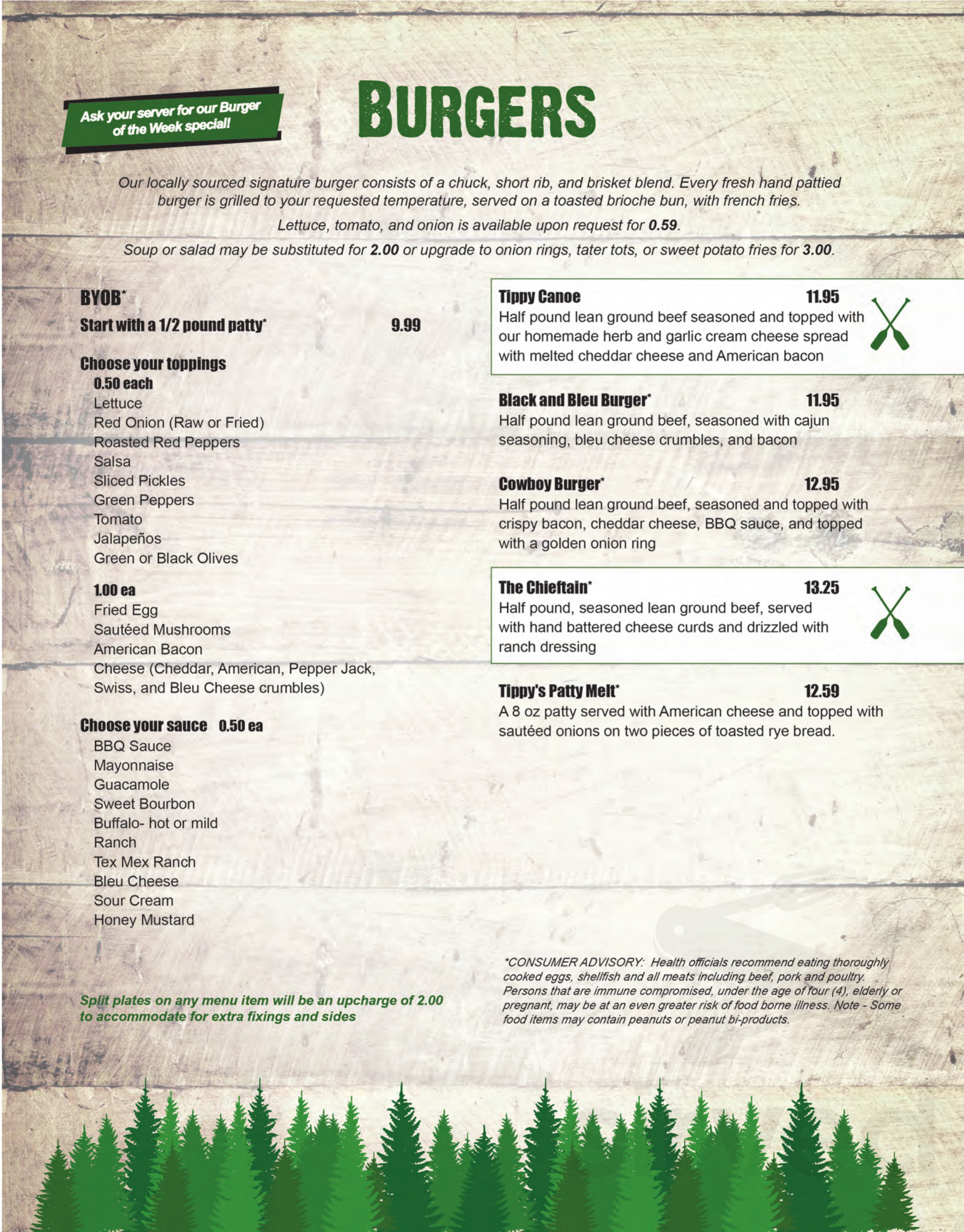 Tippy Canoes menu in Osceola, Wisconsin, USA