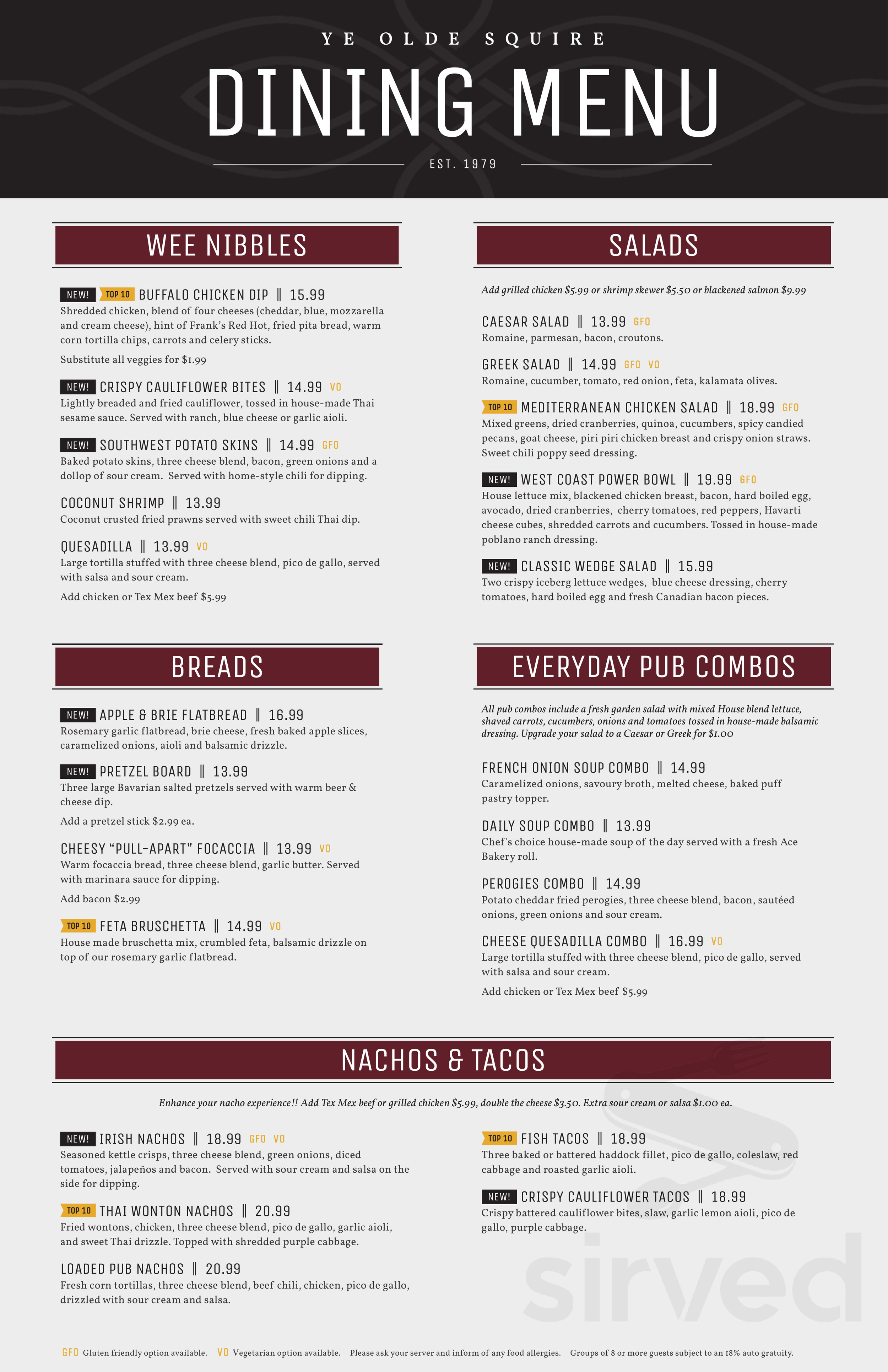 Ye Olde Squire menu in Hamilton, Ontario, Canada