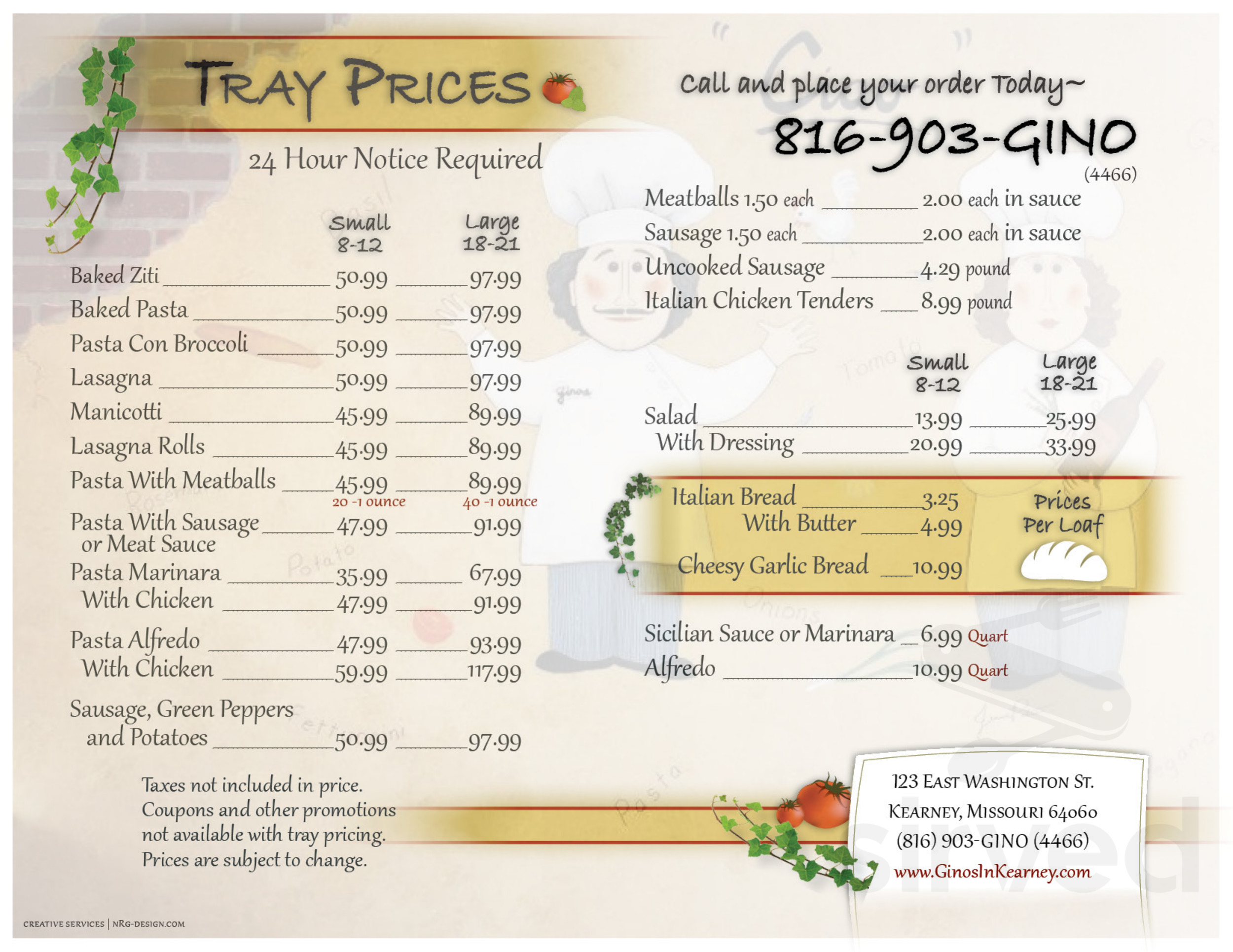 Gino's Italiano menu in Kearney, Missouri, USA
