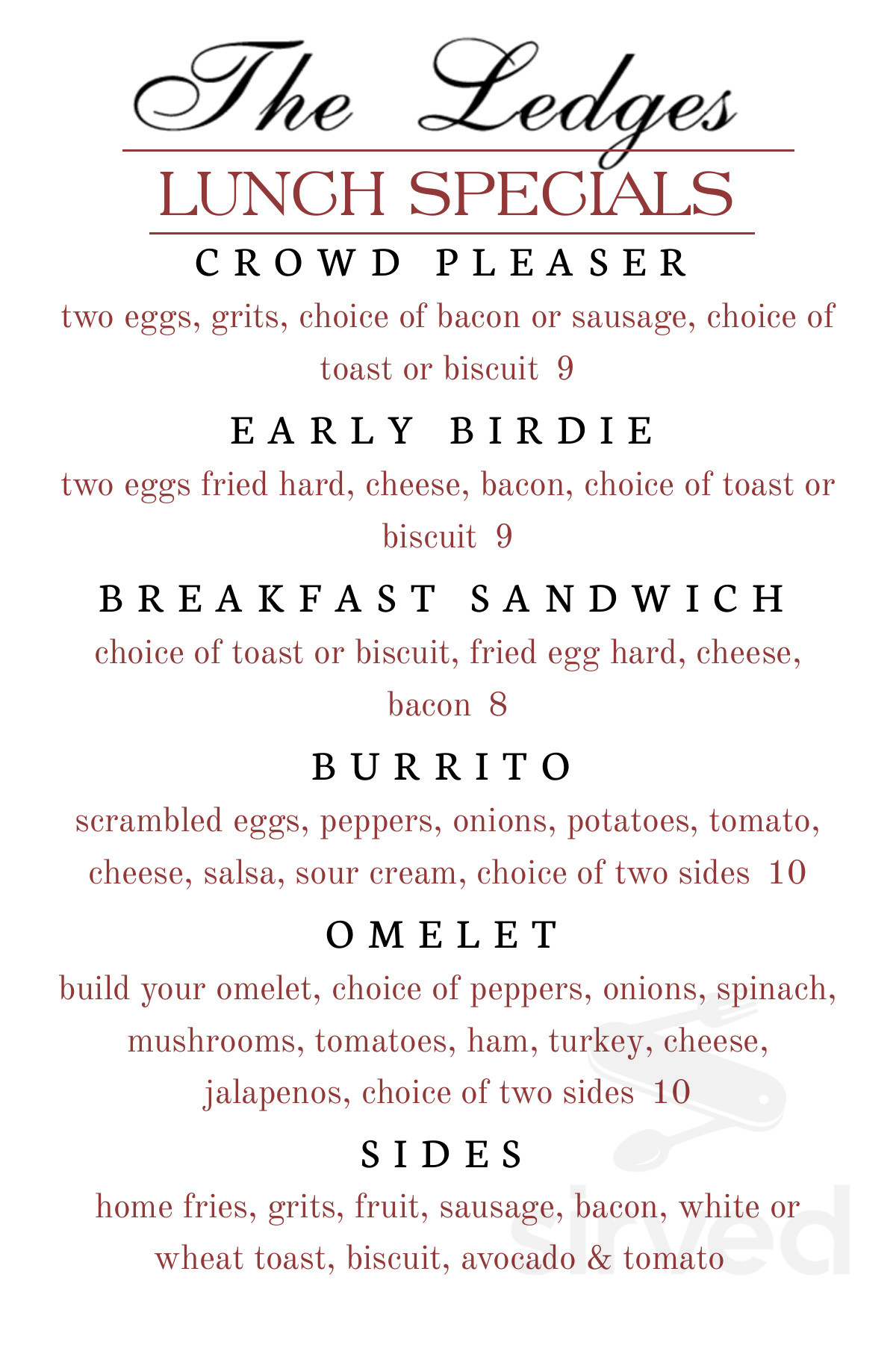 Menu - Huntsville AL's The Ledges | Sirved