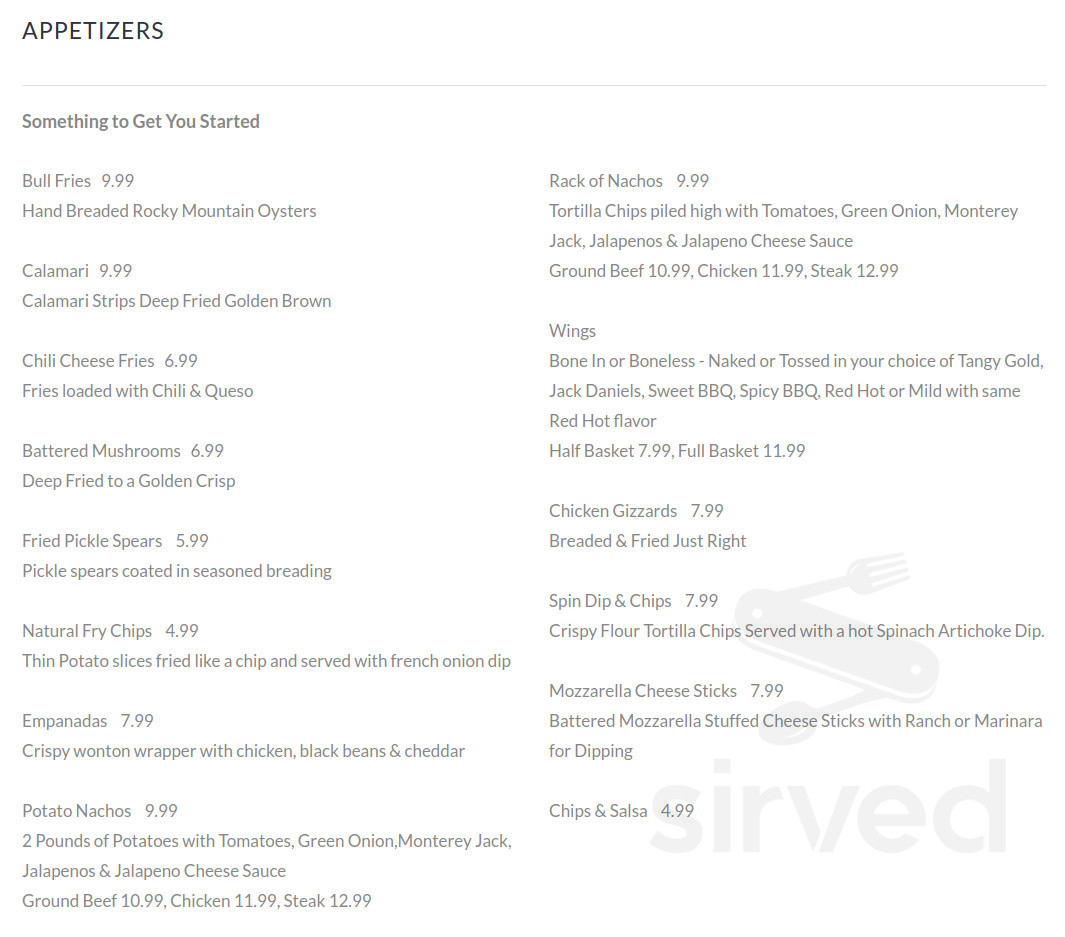Menu - Scottsbluff NE's Backaracks Steakhouse and Grill | Sirved