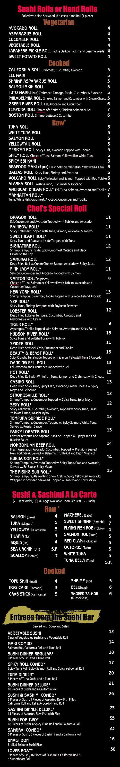 Samurai Sushi Hibachi Steakhouse menu in Strongsville, Ohio, USA