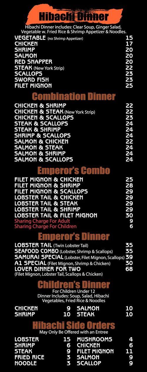 Samurai Sushi Hibachi Steakhouse menu in Strongsville, Ohio, USA