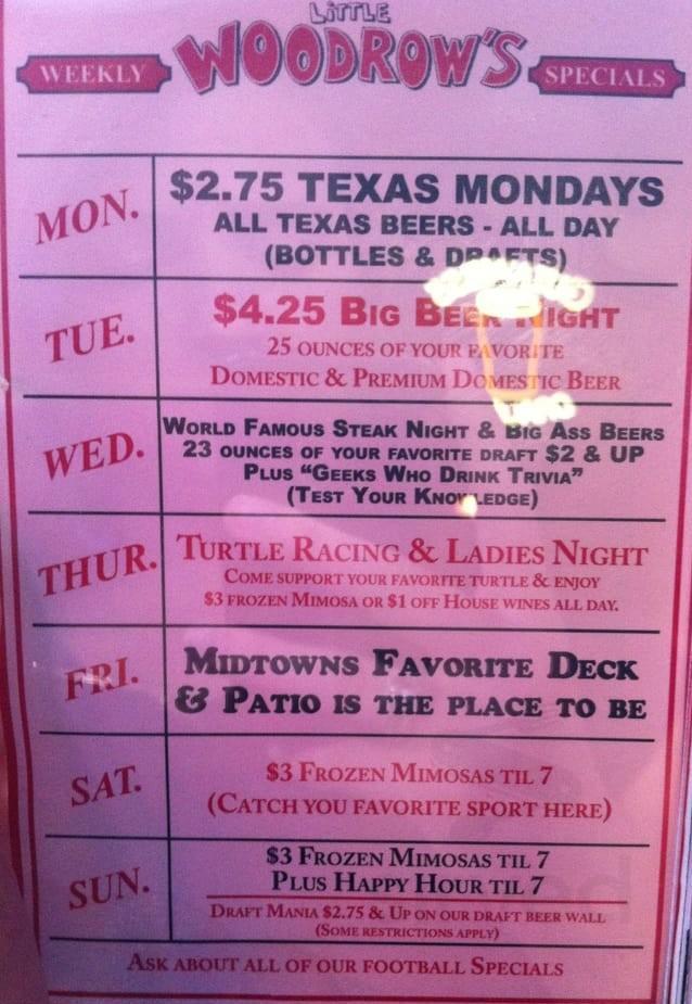 Little Woodrow's Midtown menu in Houston, Texas, USA