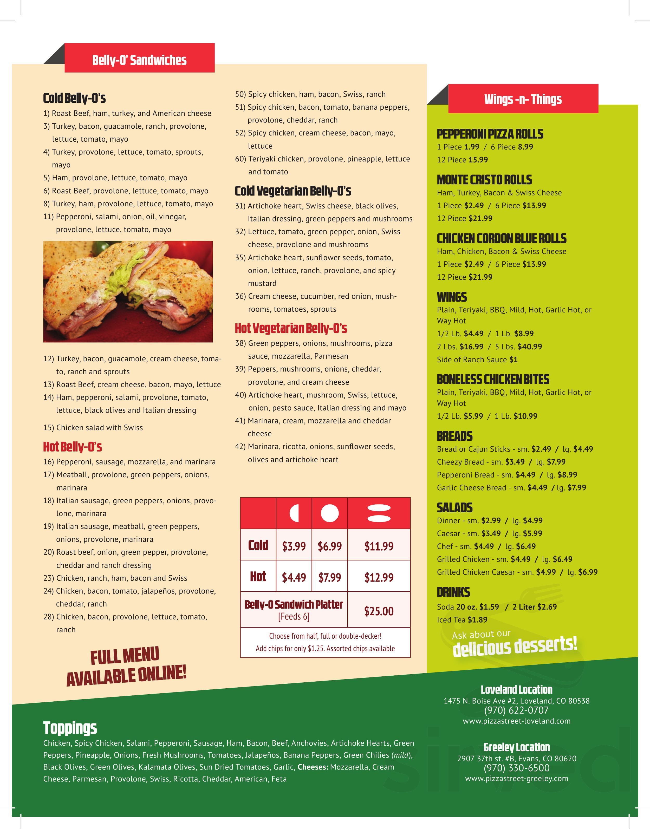 Pizza Street Greeley menu in Evans, Colorado, USA