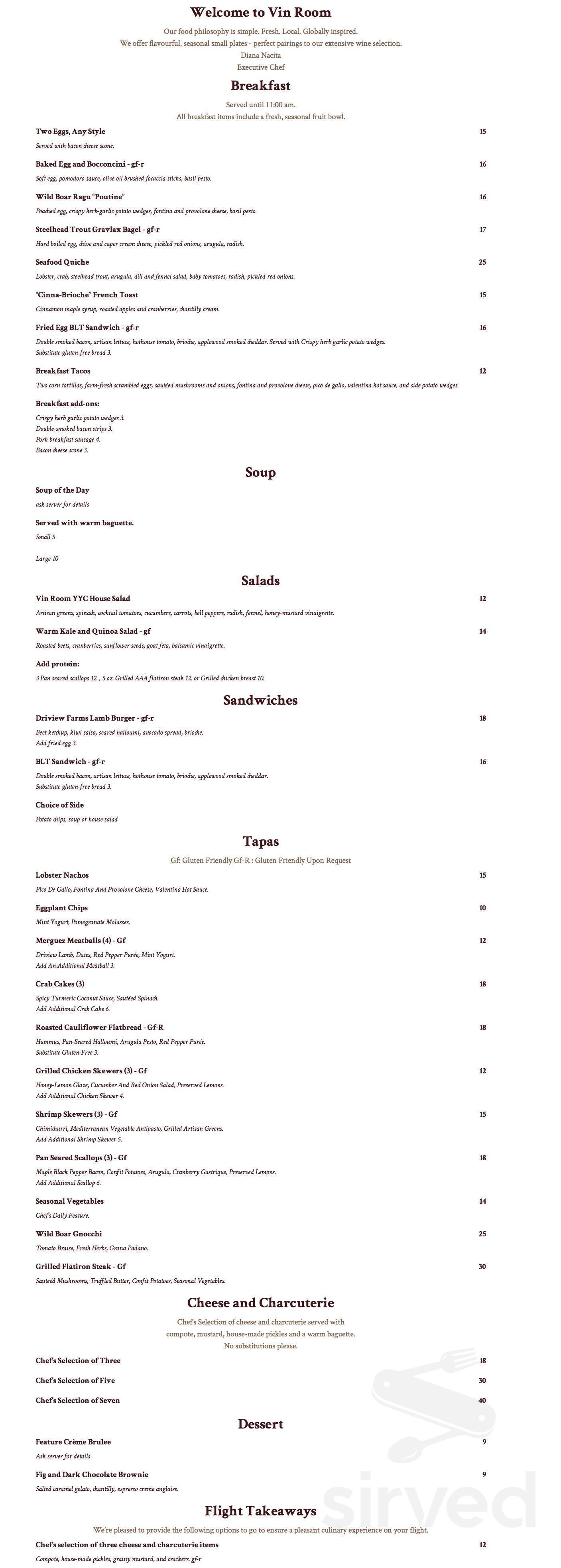 Menu - Calgary AB's Vin Room West | Sirved