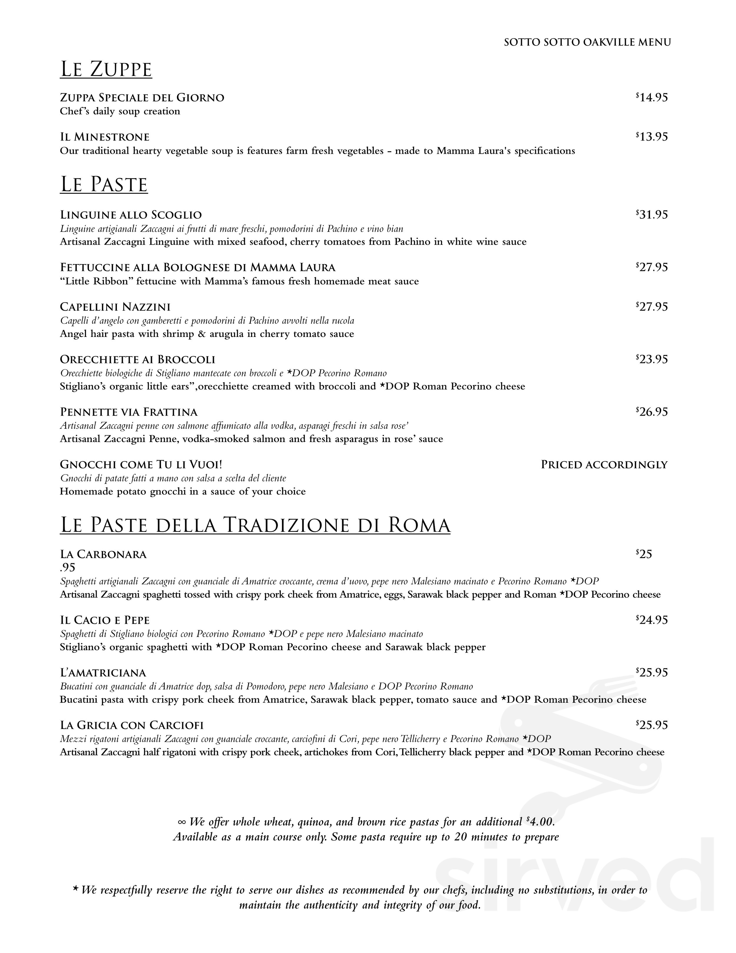 Ristorante Sotto Sotto Oakville menu in Oakville, Ontario, Canada