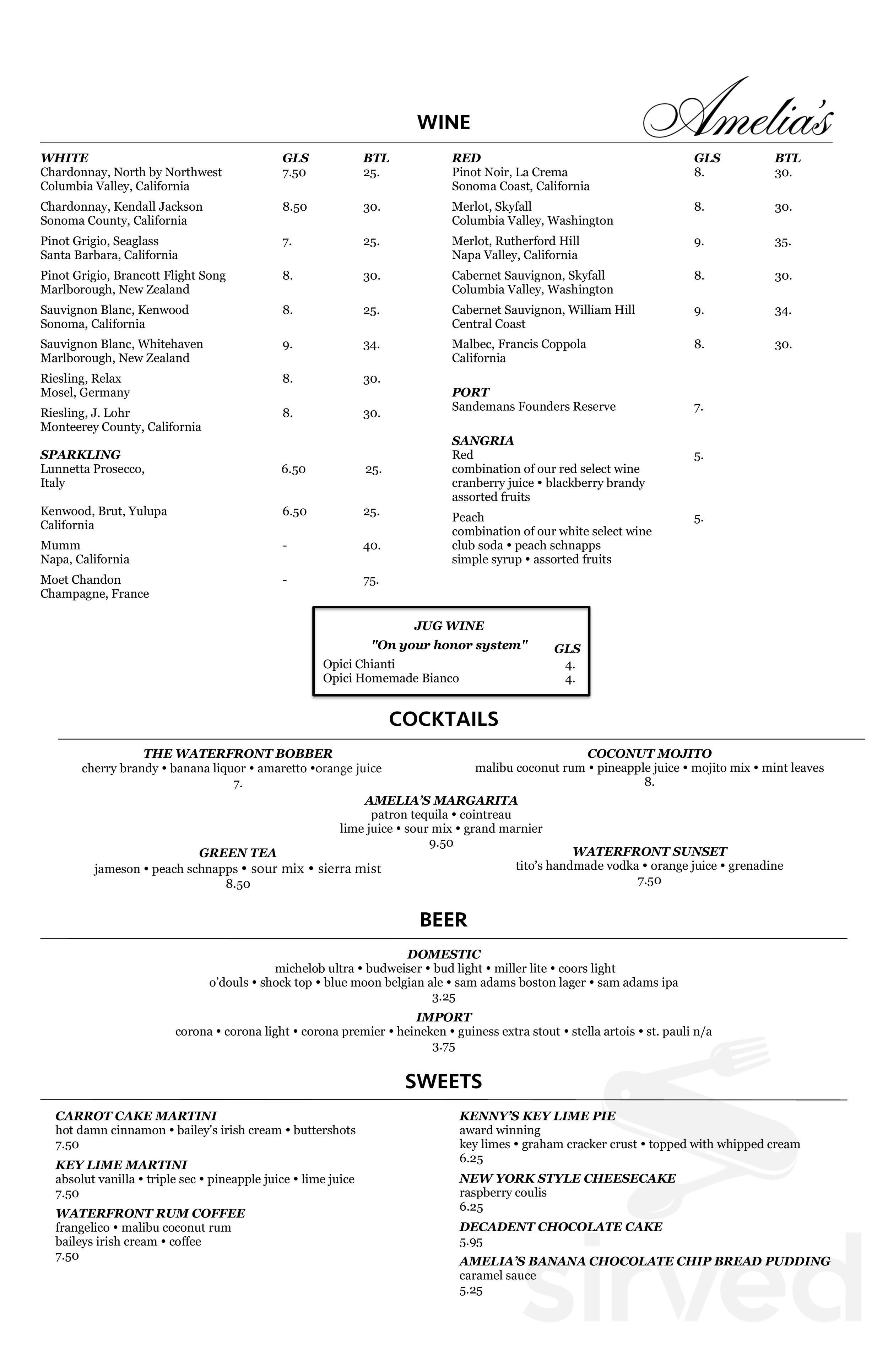 Amelia's menu in The Villages, Florida, USA