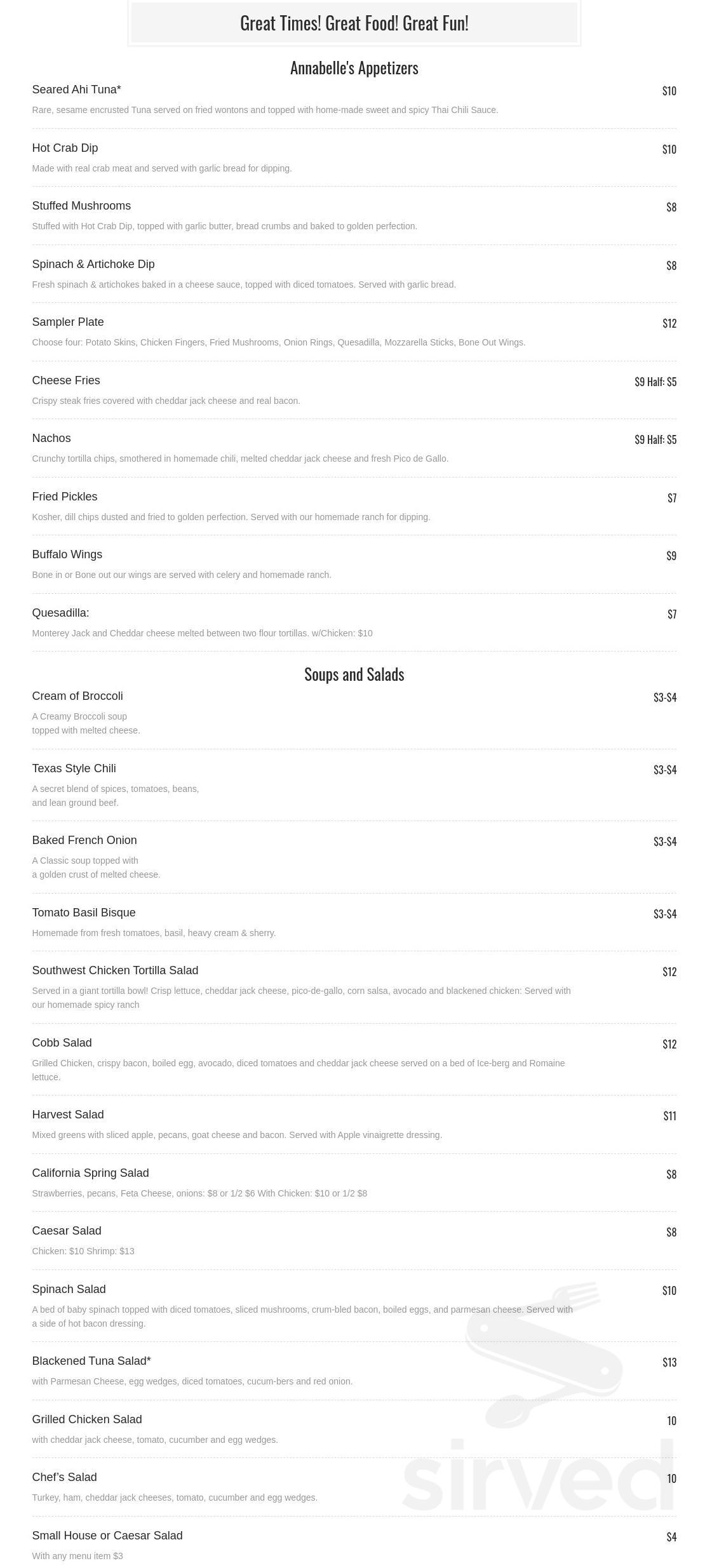 Menu for Annabelle's in New Bern, NC | Sirved