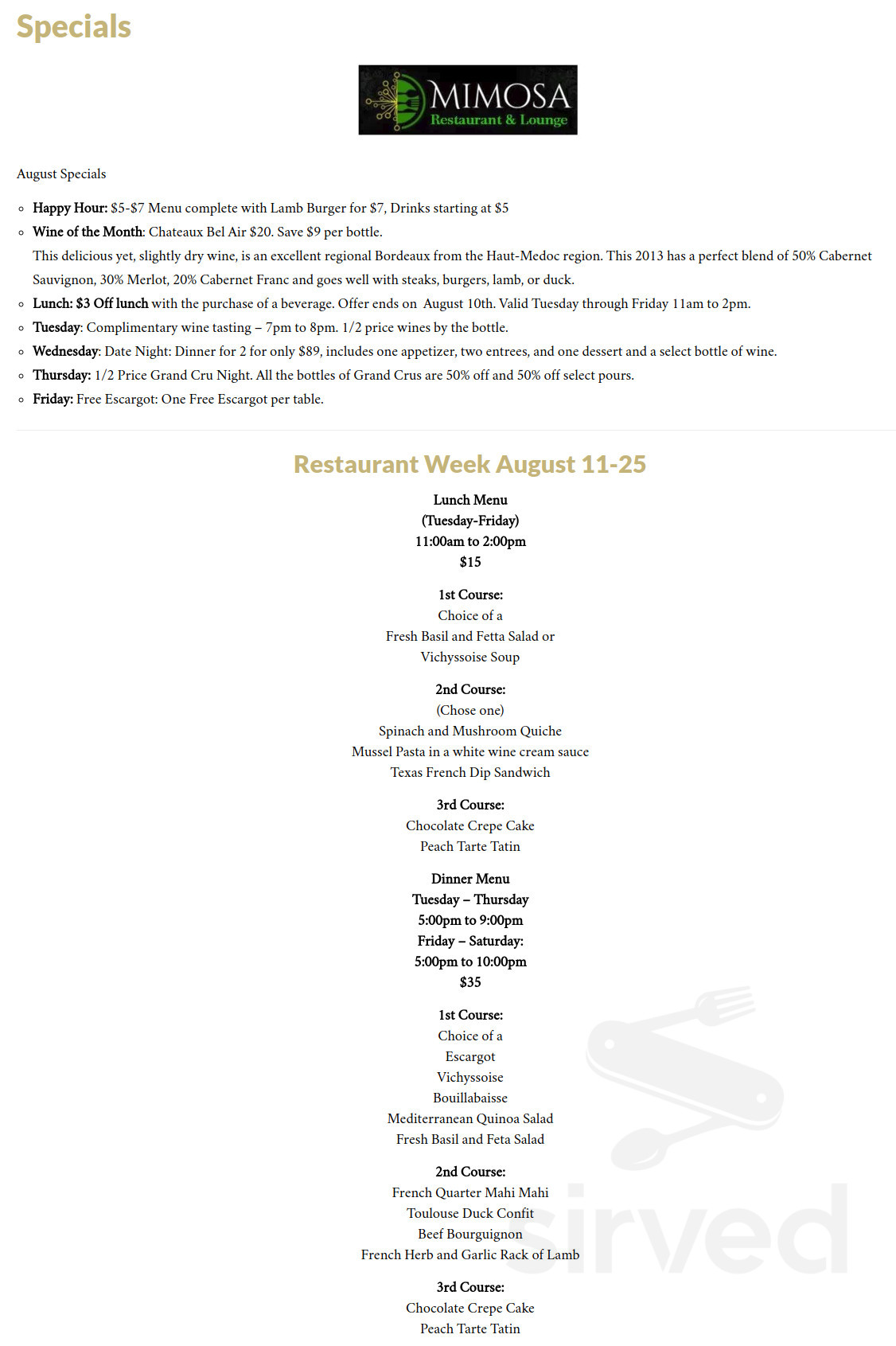 Mimosa Restaurant and Lounge menu in San Antonio, Texas, USA