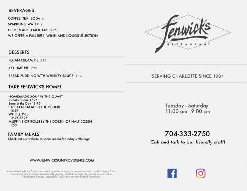Fenwick's Restaurant menu in Charlotte, North Carolina, USA