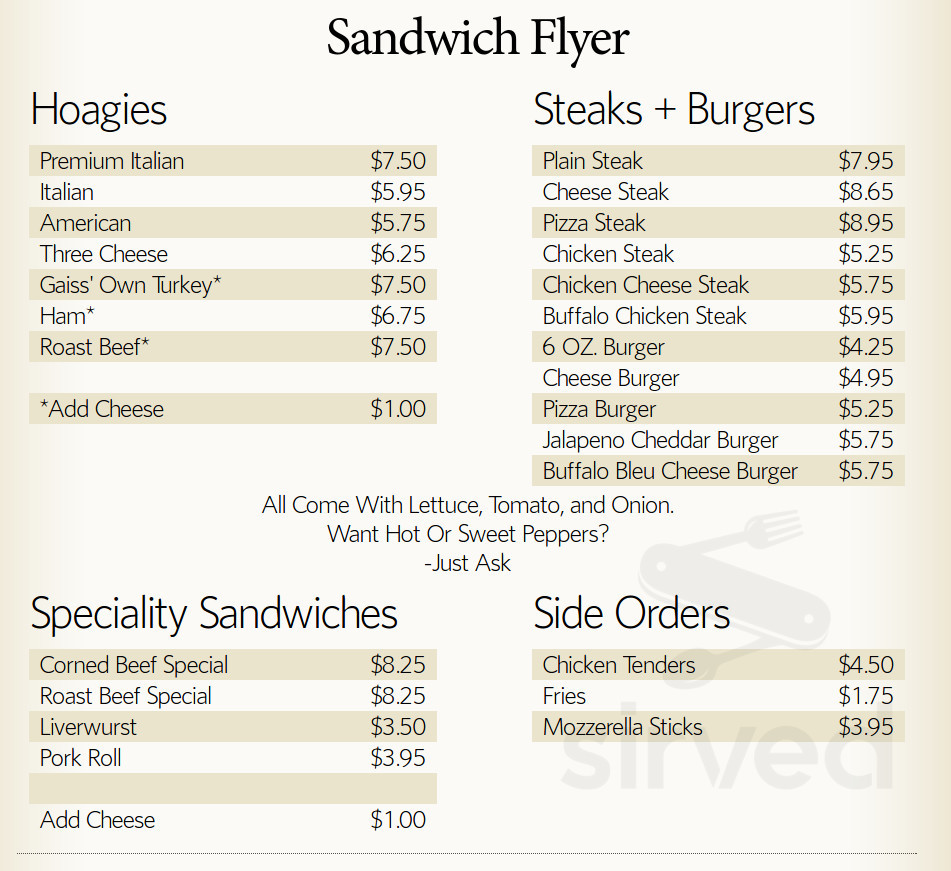 Gaiss Market menu in Villas, New Jersey, USA