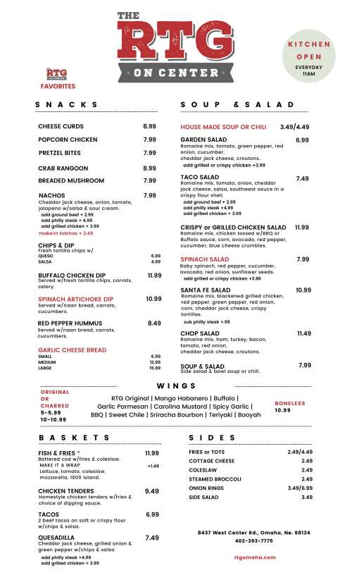RTG On Center menu in Omaha, Nebraska, USA