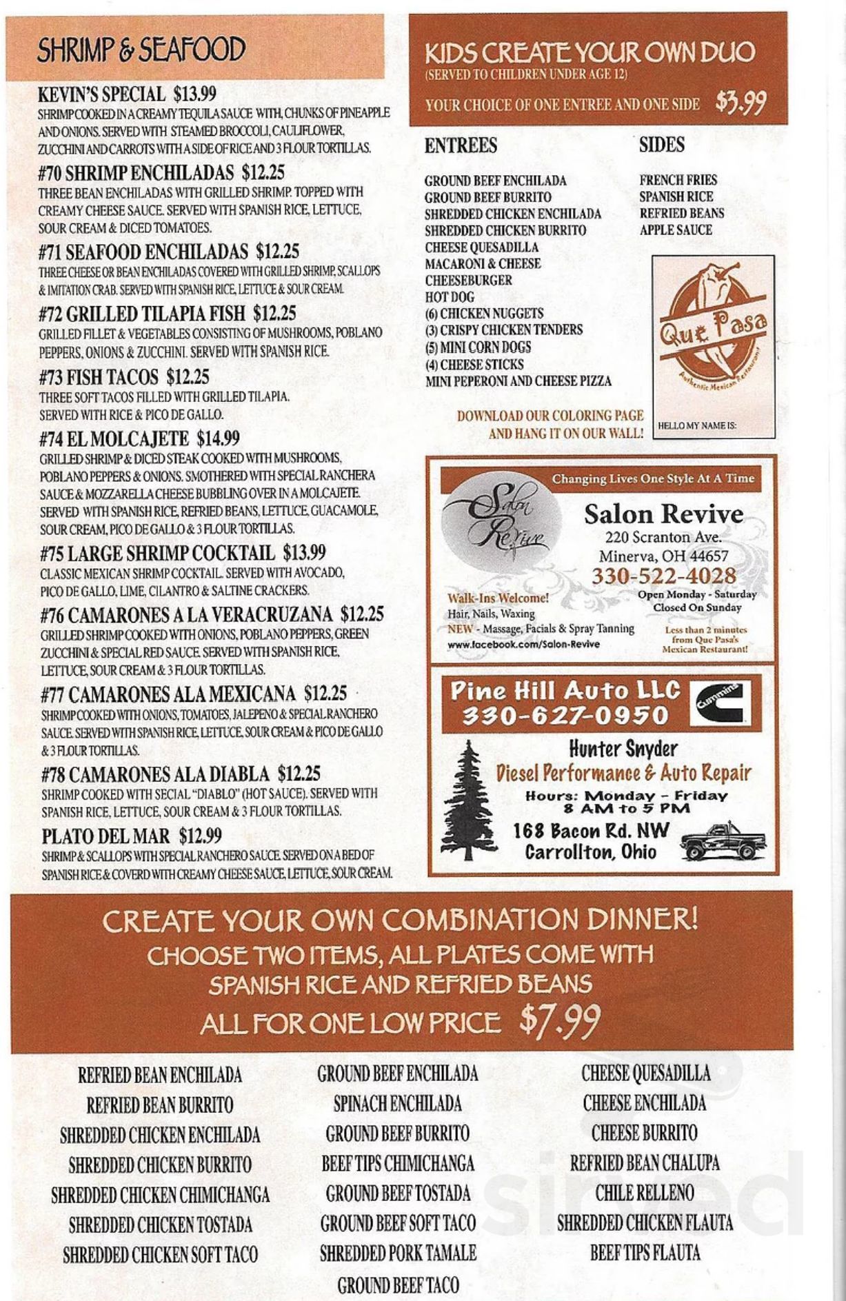 Que Pasa Authentic Mexican Restaurant In Minerva menus in Minerva, Ohio ...