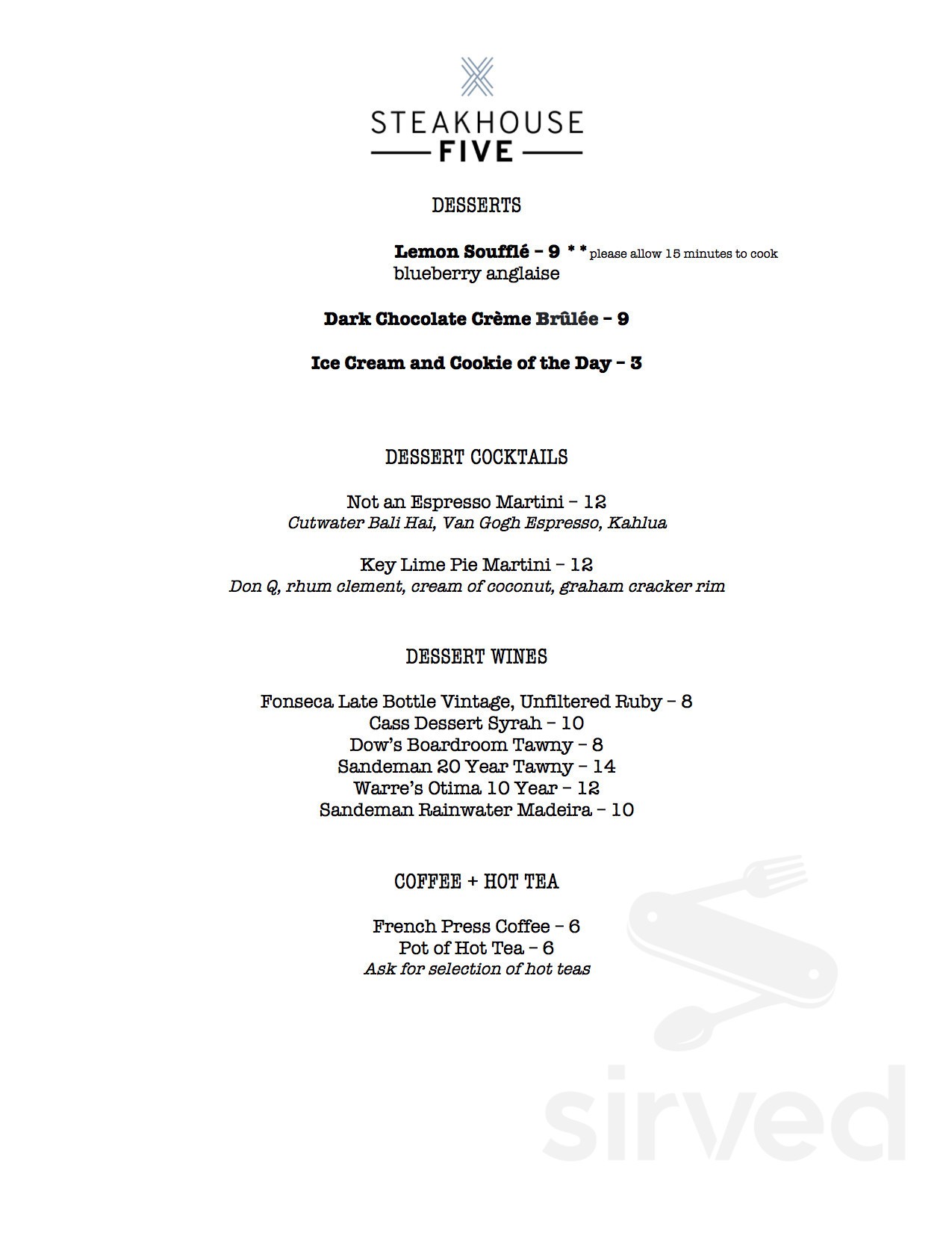 Steakhouse Five menu in Murfreesboro, Tennessee, USA