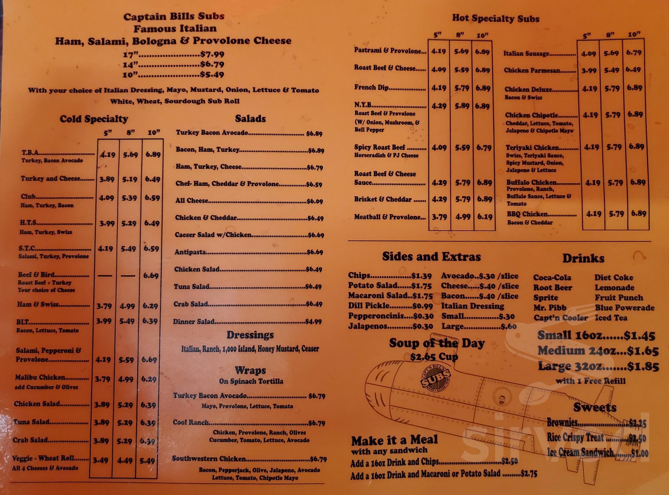 Captain Bill's Submarine menu in Phoenix, Arizona, USA