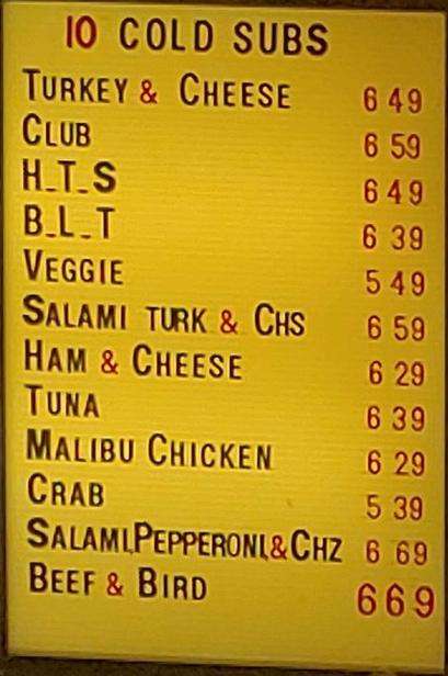 Captain Bill's Submarine menu in Phoenix, Arizona, USA