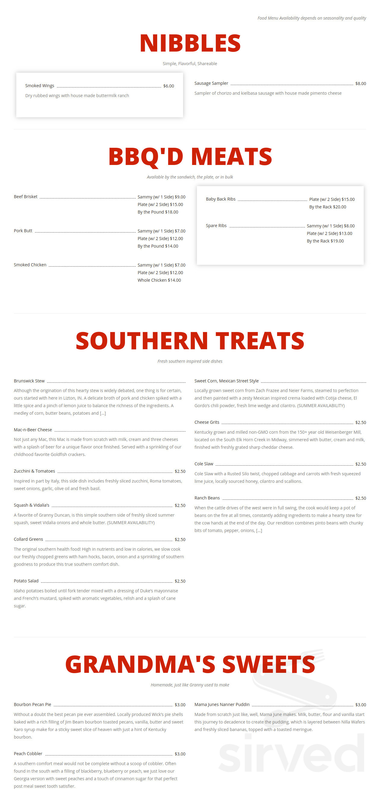 Menu for Rusted Silo Southern BBQ & Brew House in Lizton, IN | Sirved