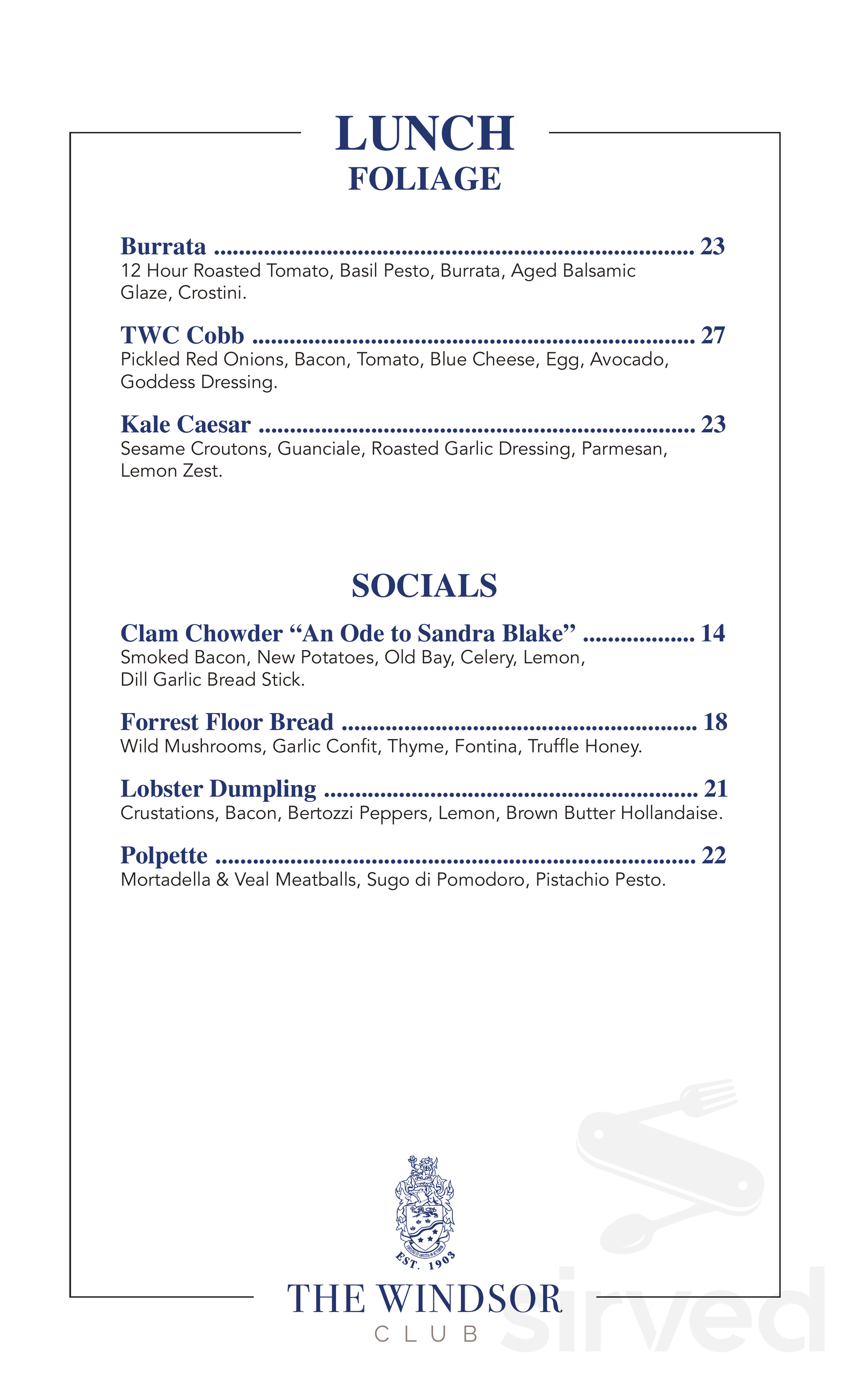 The Windsor Club menus in Windsor, Ontario, Canada