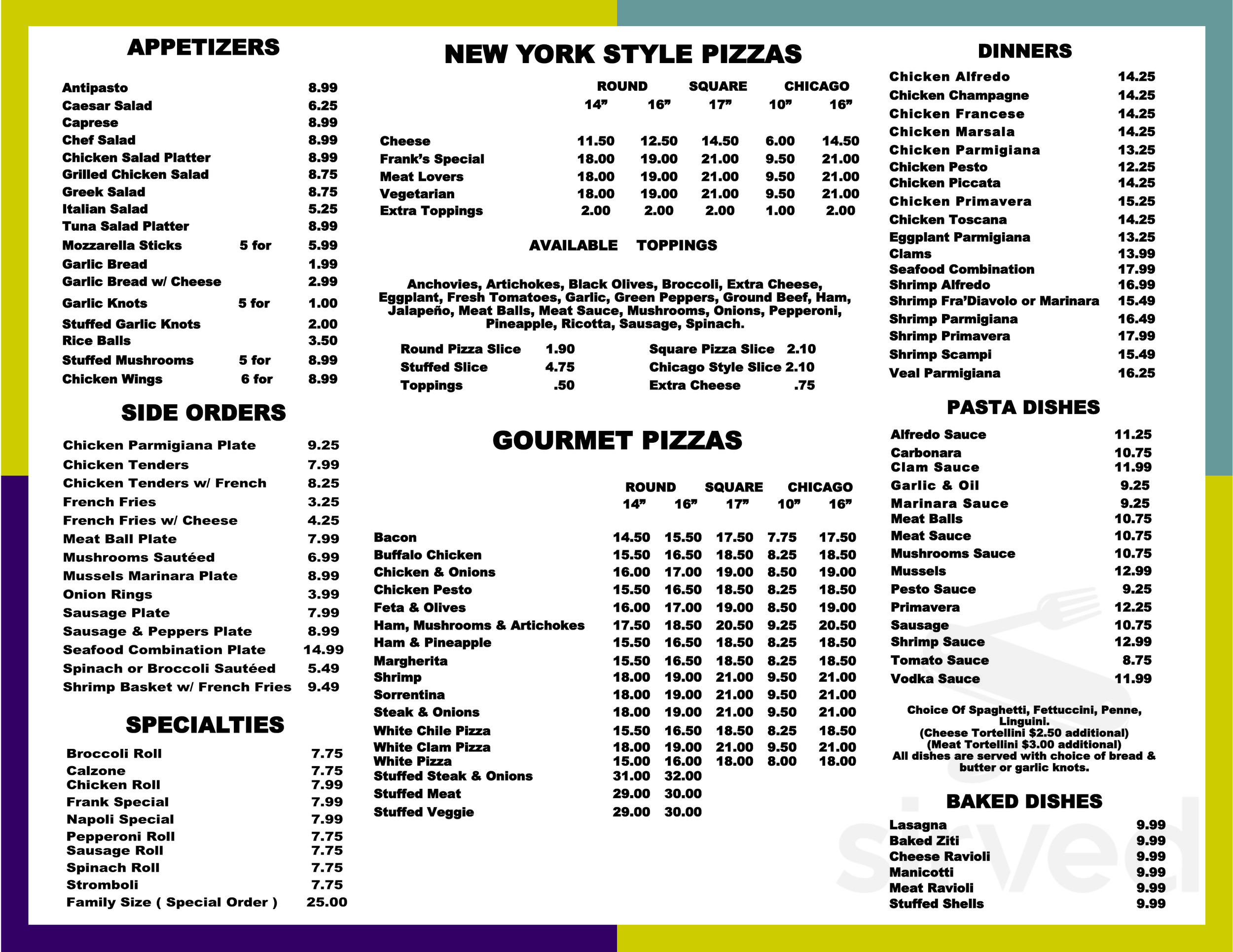 Menu - Libertytown MD's Franks Pizza & Restaurant | Sirved