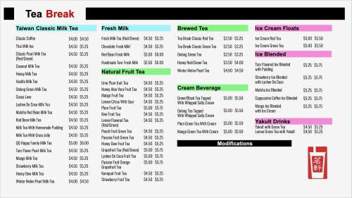 Tea Break menu in West Hartford, Connecticut, USA