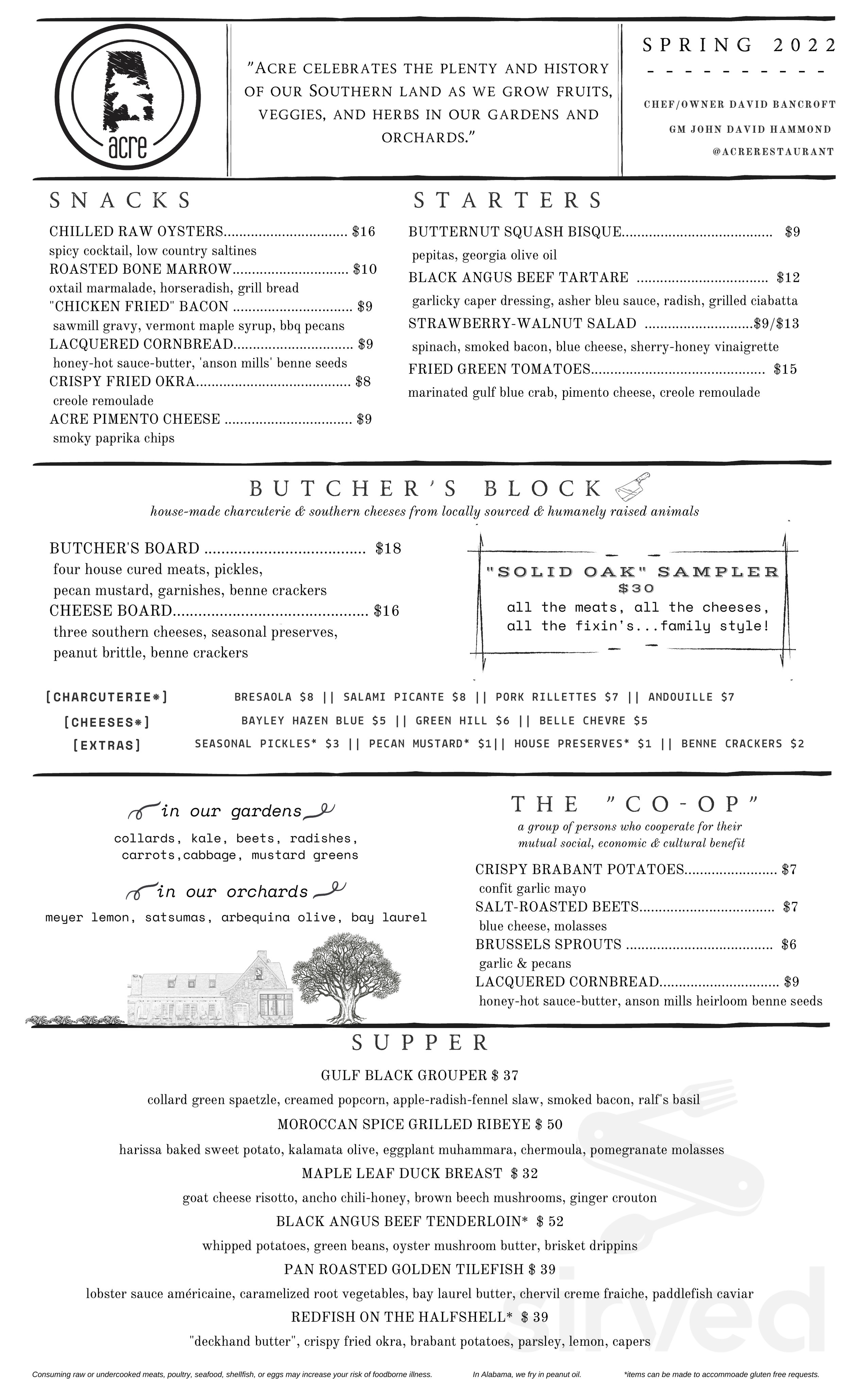 Menu - Auburn AL's Acre | Sirved