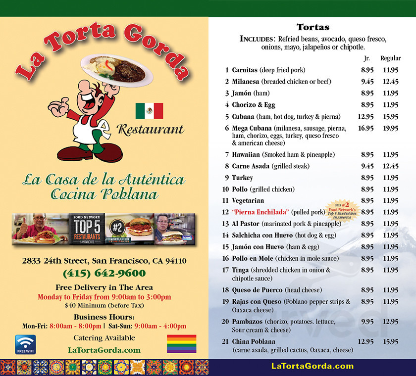 La Torta Gorda menu in San Francisco, California, USA