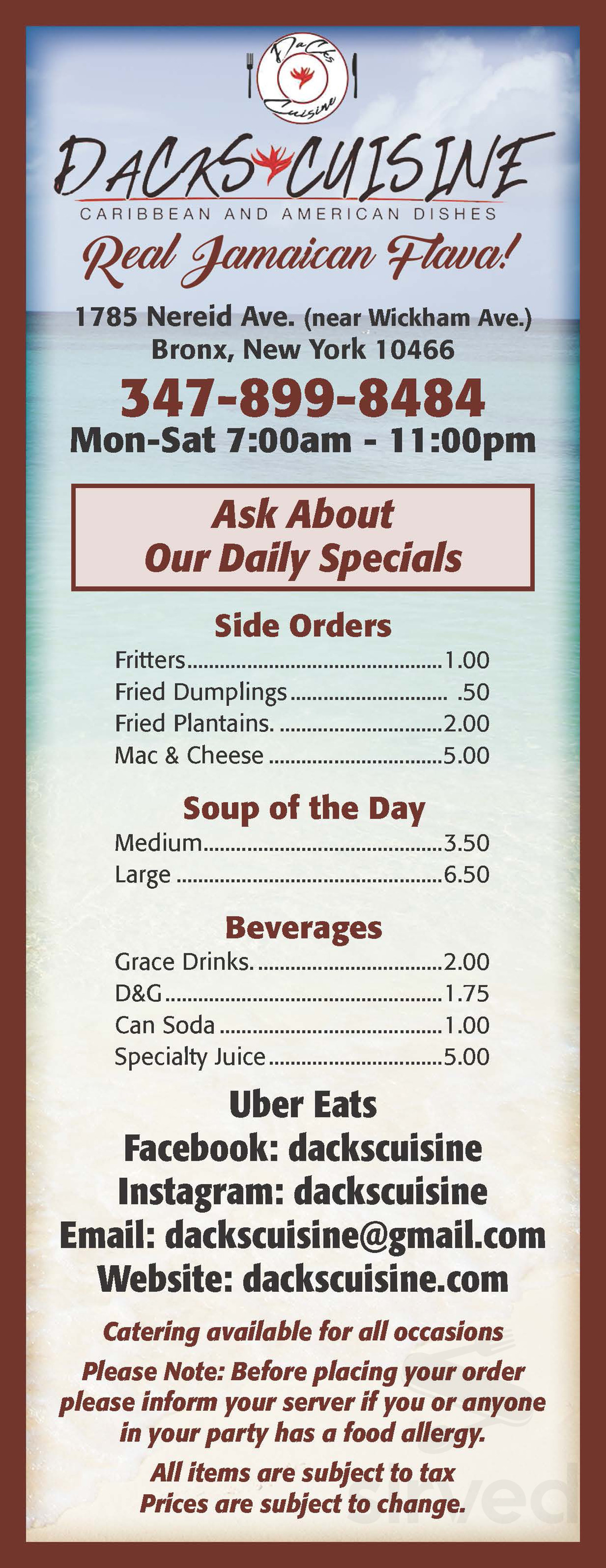 Dacks Cuisine menu in The Bronx, New York, USA