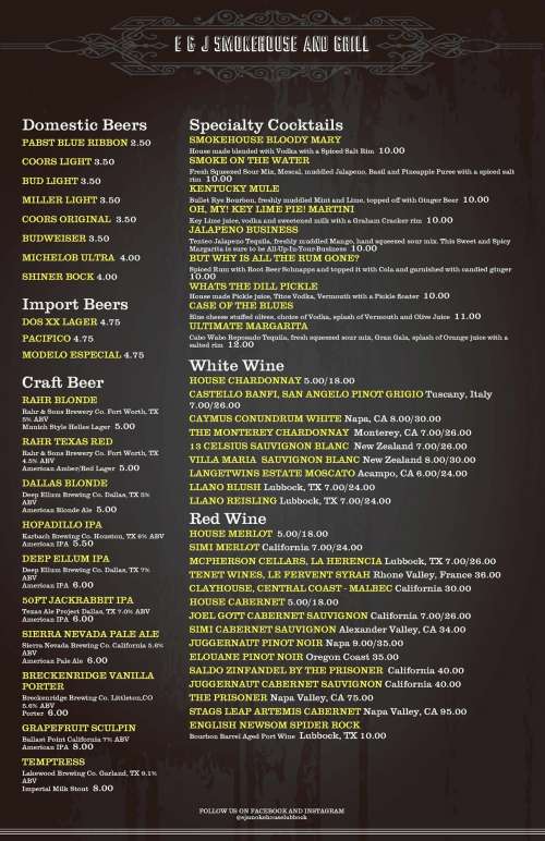 The Escondido Grill menu in Lubbock, Texas, USA