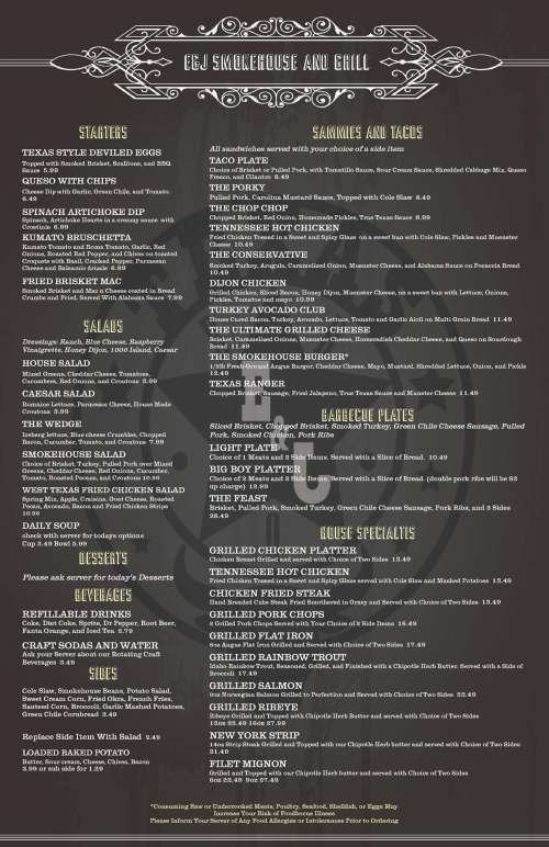 The Escondido Grill menu in Lubbock, Texas, USA