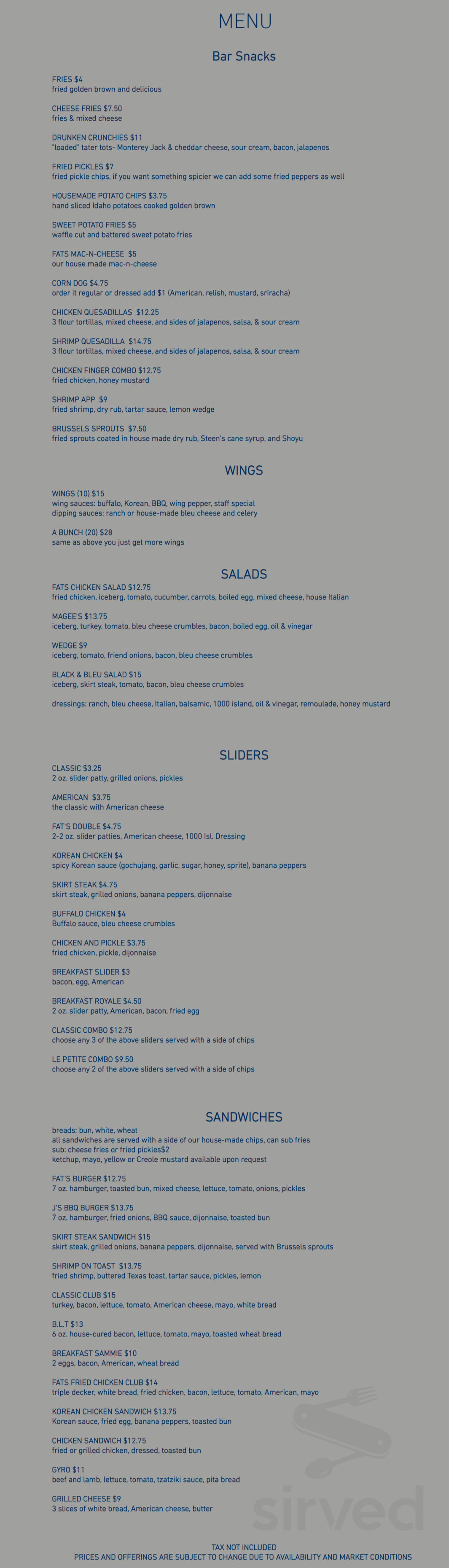 Fat Harry's menu in New Orleans, Louisiana, USA