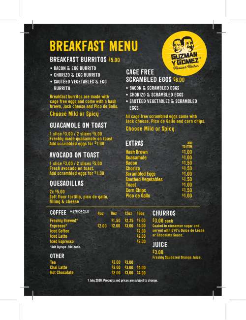 Guzman y Gomez menu in Schaumburg, Illinois, USA