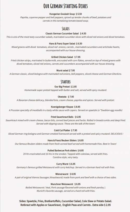 Hans & Franz Biergarten menu in Greenville, South Carolina, USA