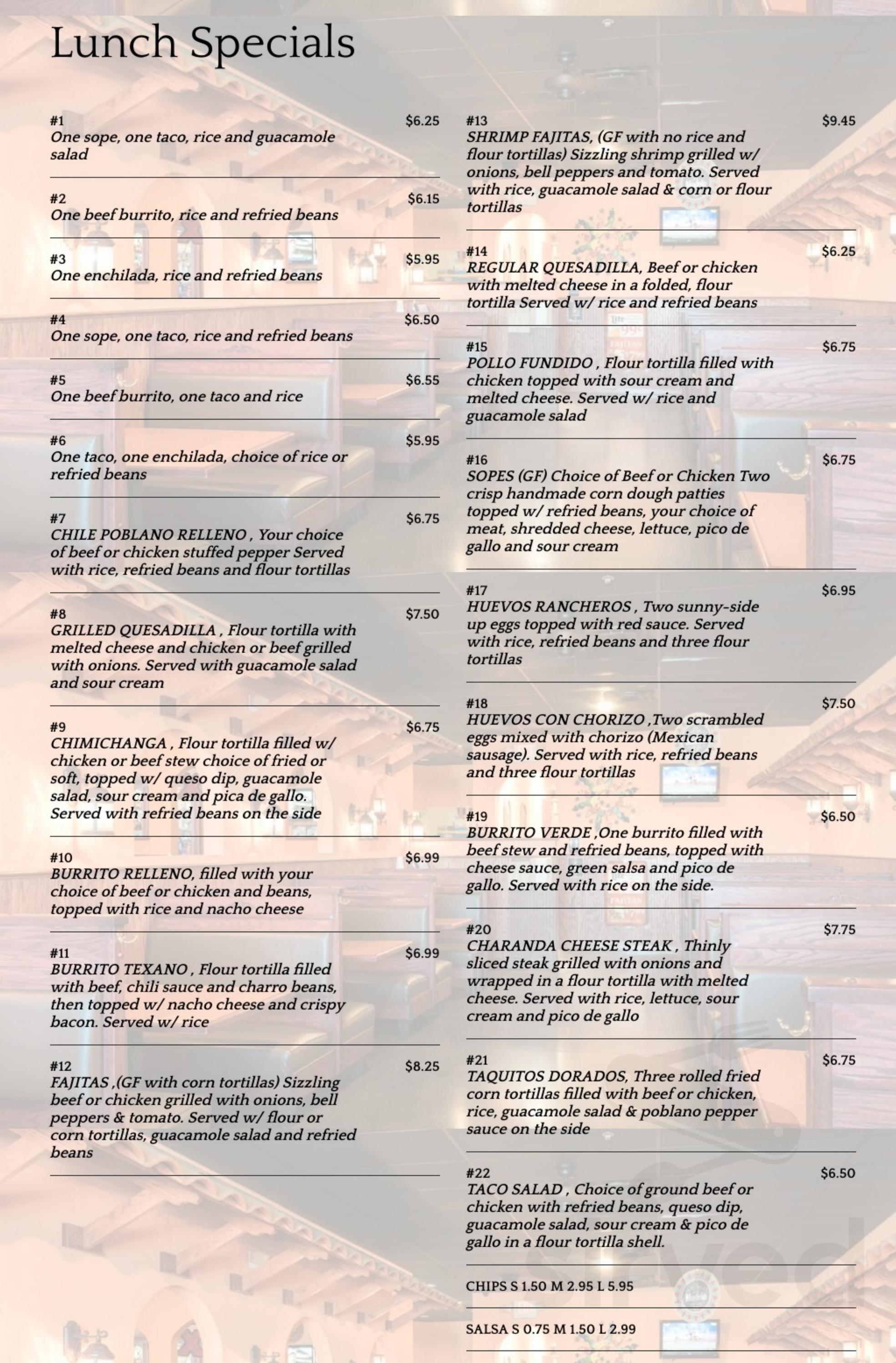 Menu for Charanda Mexican Grill and Cantina in Concord, North Carolina ...