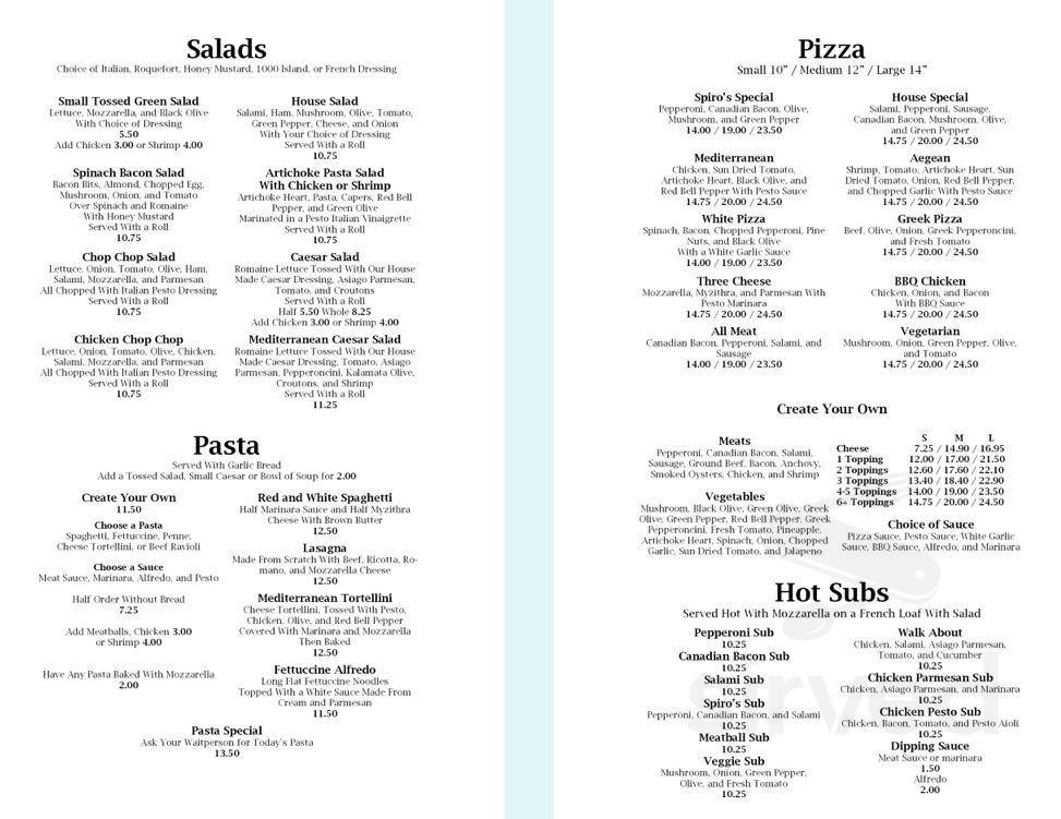 Spiro's Pizza and Pasta menu in Silverdale, Washington, USA