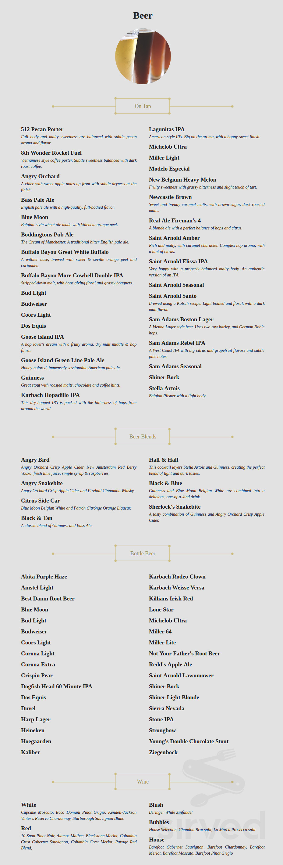 Watson's House of Ales menu in Houston, Texas, USA