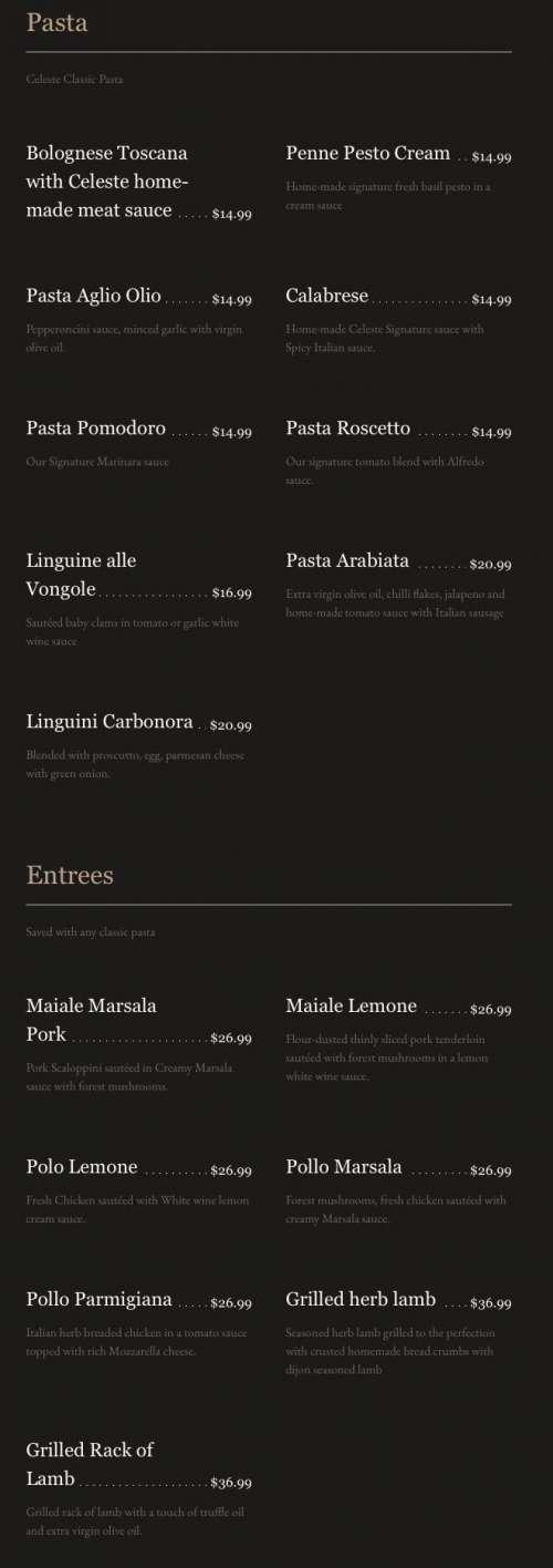 Cafe Celeste menu in Sherwood Park, Alberta, Canada