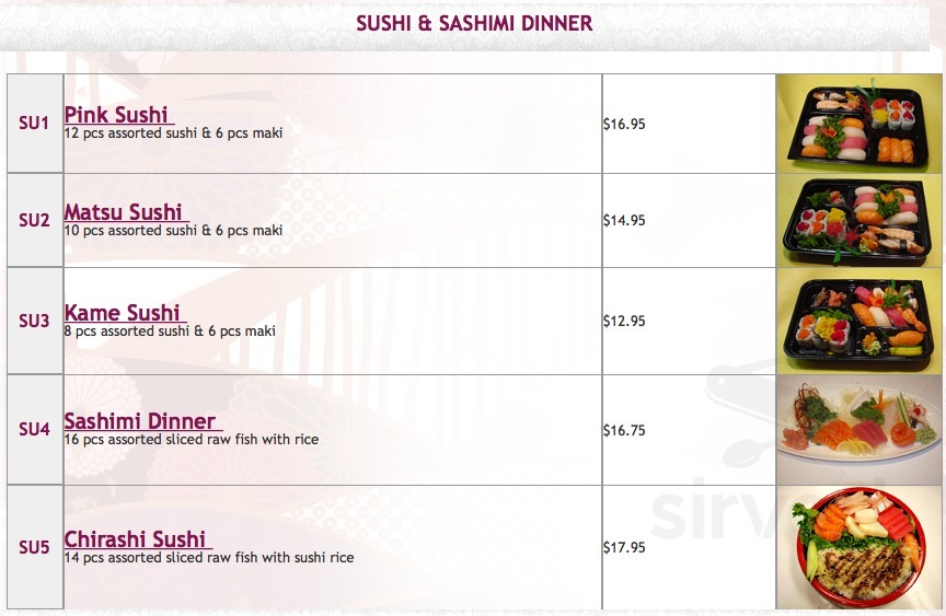 Pink Sushi menu in Moncton, New Brunswick, Canada