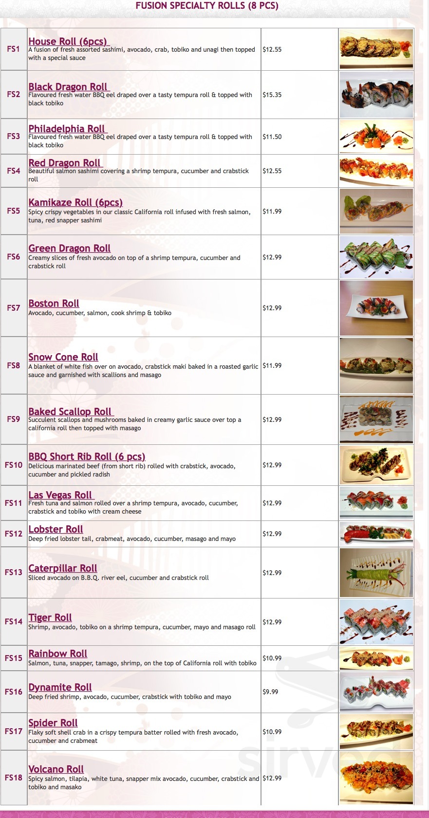 Pink Sushi menu in Moncton, New Brunswick, Canada
