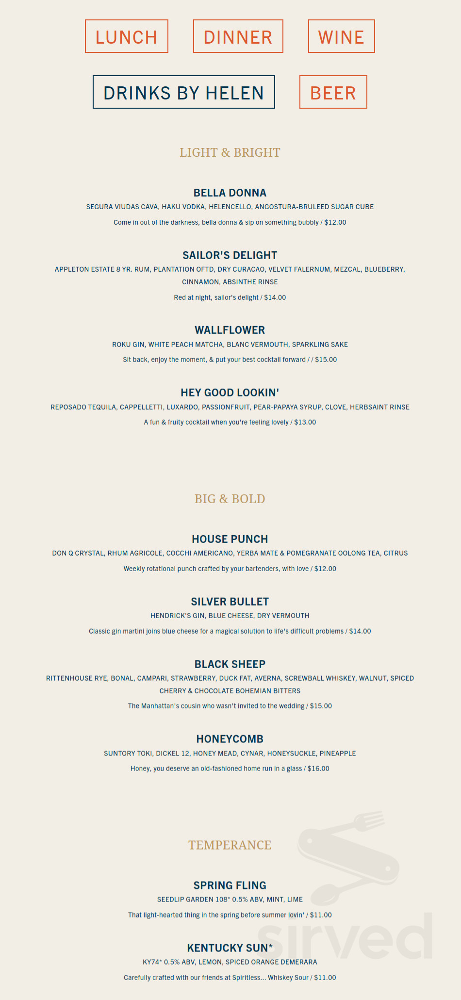 Helen menu in Birmingham, Alabama, USA