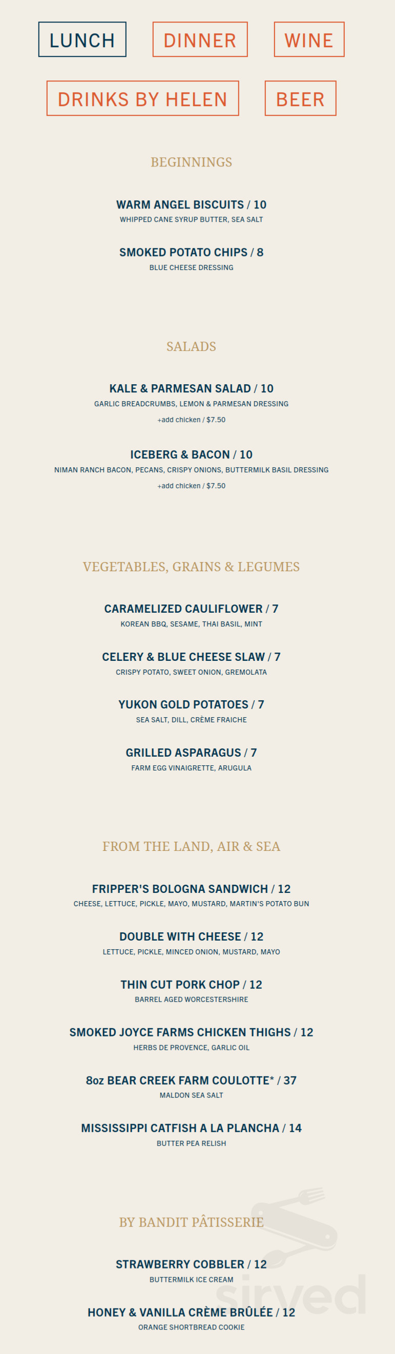 Helen menu in Birmingham, Alabama, USA