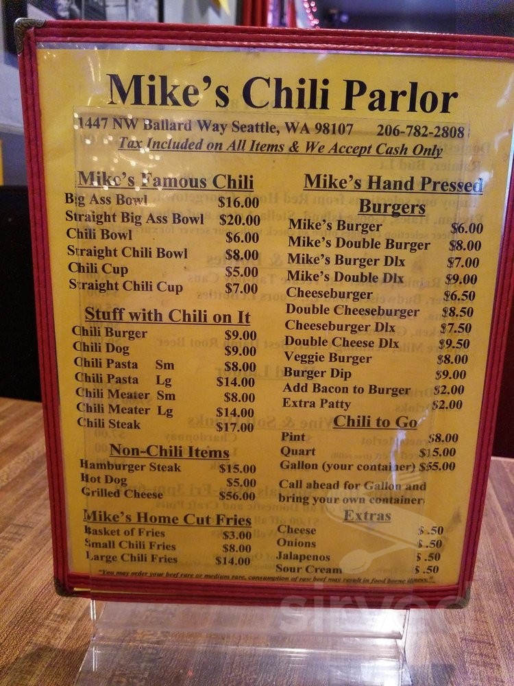 Menu for Mike's Chili Parlor in Seattle, WA | Sirved