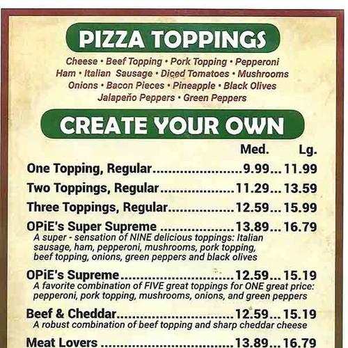 Opie's Pizza & Grill menu in Chanute, Kansas, USA