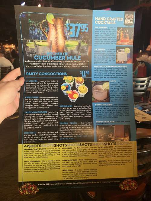 Pete's Dueling Piano Bar menu in Dallas, Texas, USA